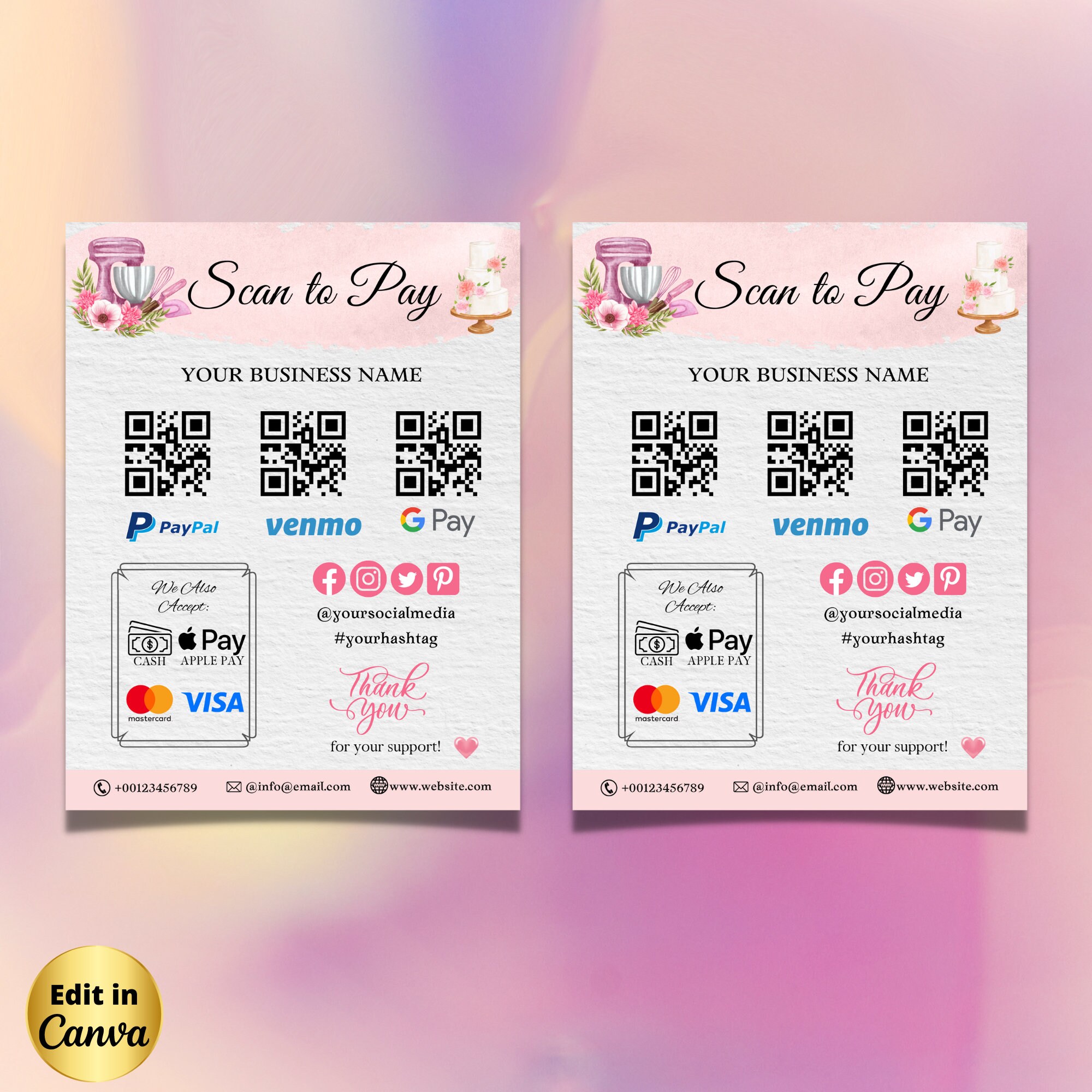Pink Cake Editable Scan to Pay Template, Printable Payment Sign QR Code ...