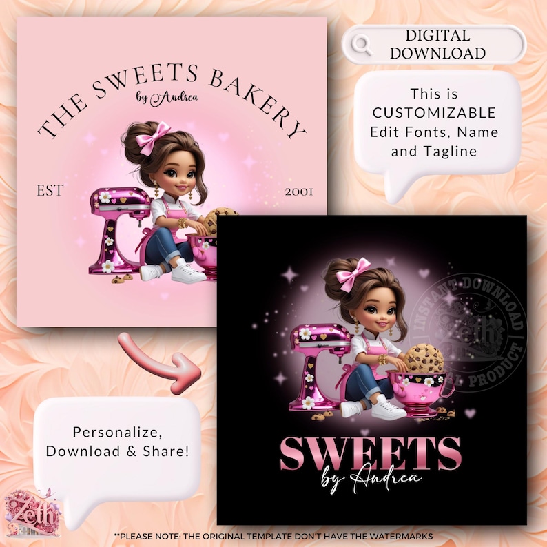 Pink Cookie Bakery Logo, Brown Hair Bakery Girl Logo, Cookie Catering ...