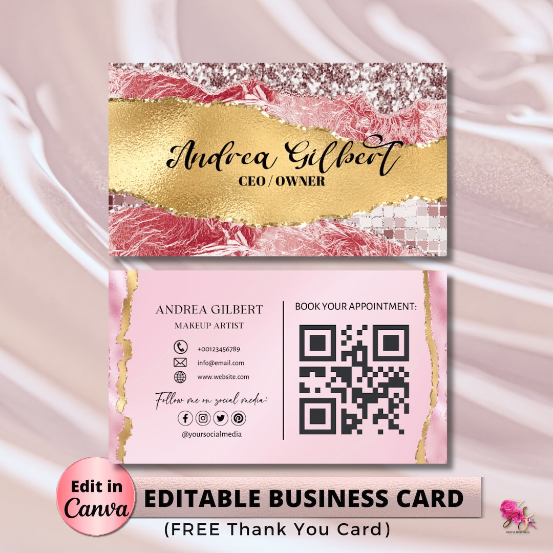 Editable Pink Gold Glitter Business Card Template, Sparkle Business ...
