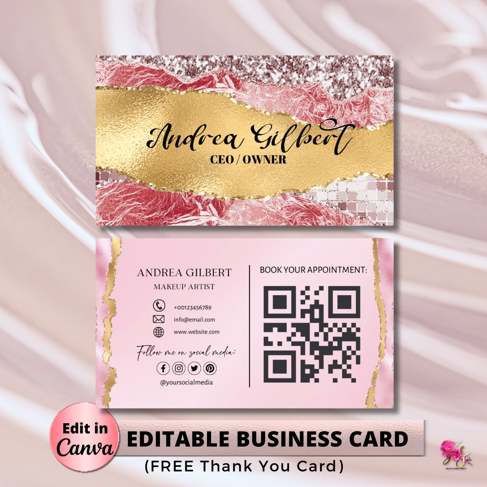 Editable Pink Gold Glitter Business Card Template, Sparkle Business ...