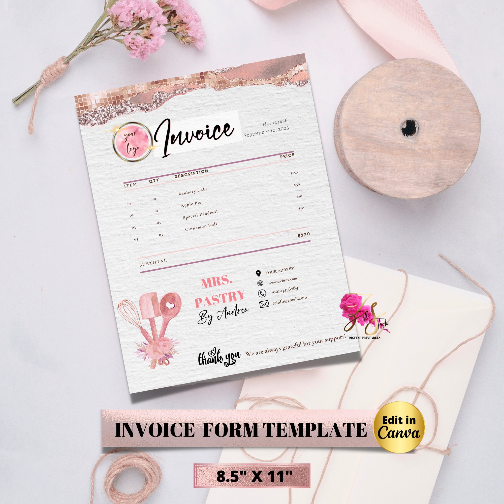Pink Invoice Template Editable, Custom Order Form Printable for Small ... Pink Invoice Template Editable, Custom Order Form Printable for Small ...