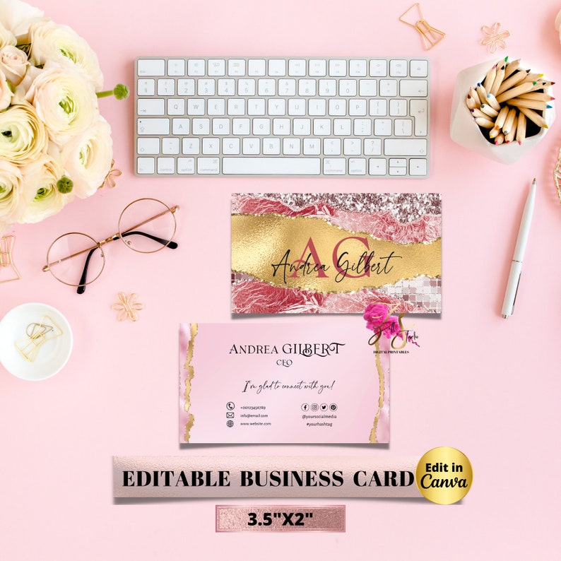 Editable Pink Gold Glitter Business Card Template Sparkle - Etsy
