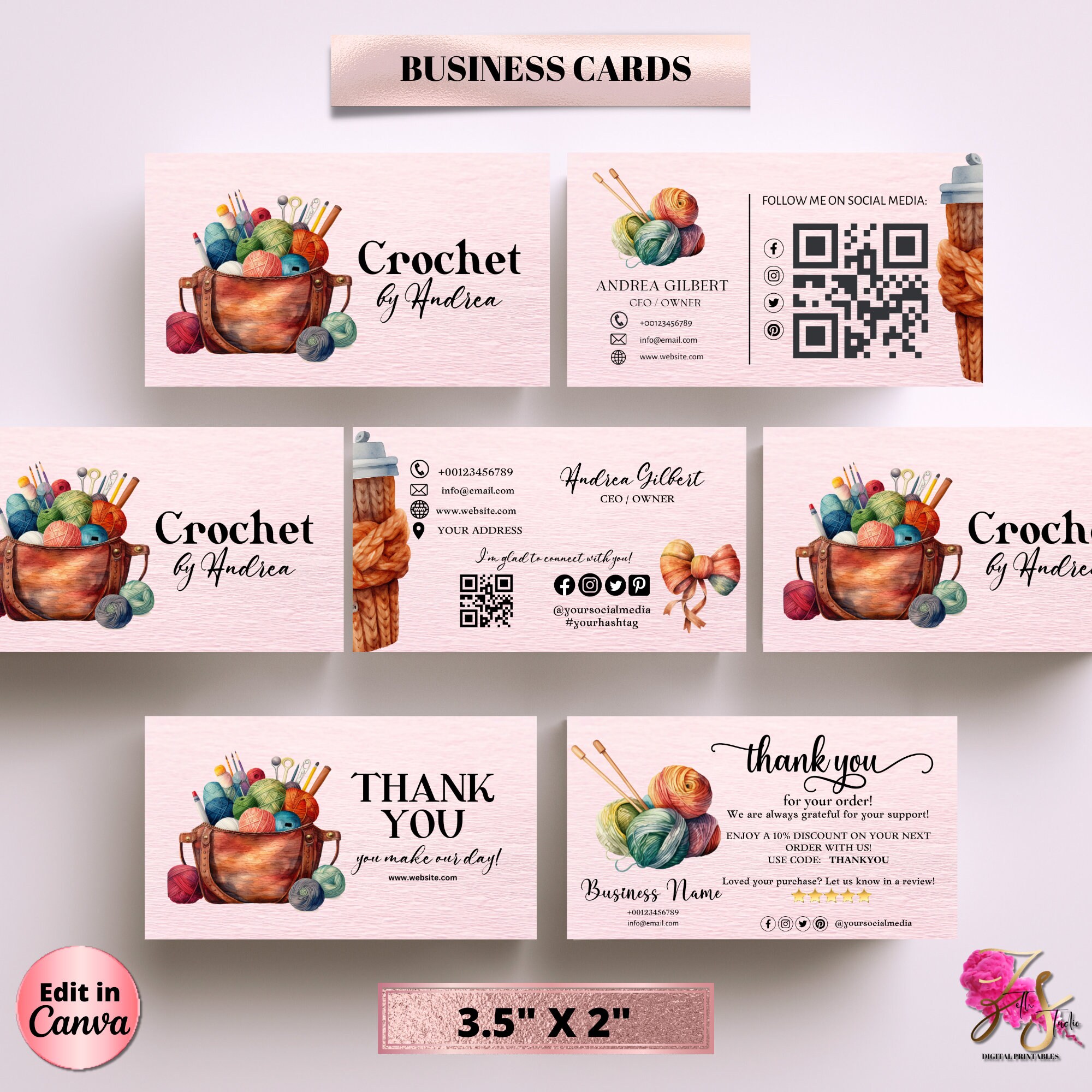 Crochet Modern Editable Business Card Template, Business Card, DIY ...