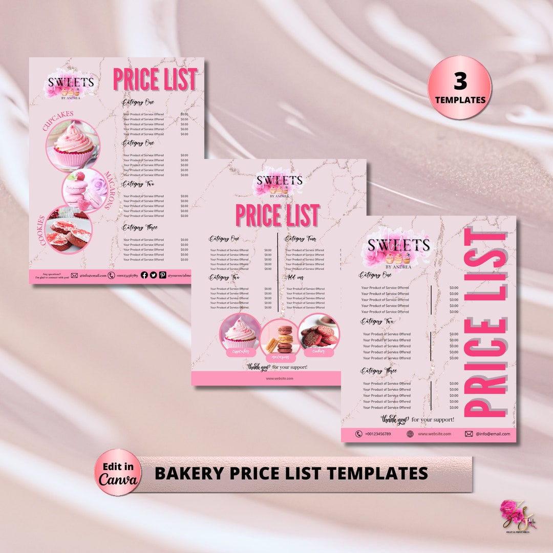 Editable Bakery Price List Template, Pink Bakery Cake Printable ...