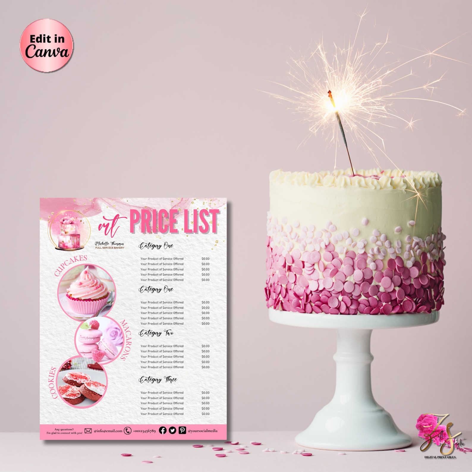 Editable Bakery Price List Template, Pink Bakery Cake Printable ...