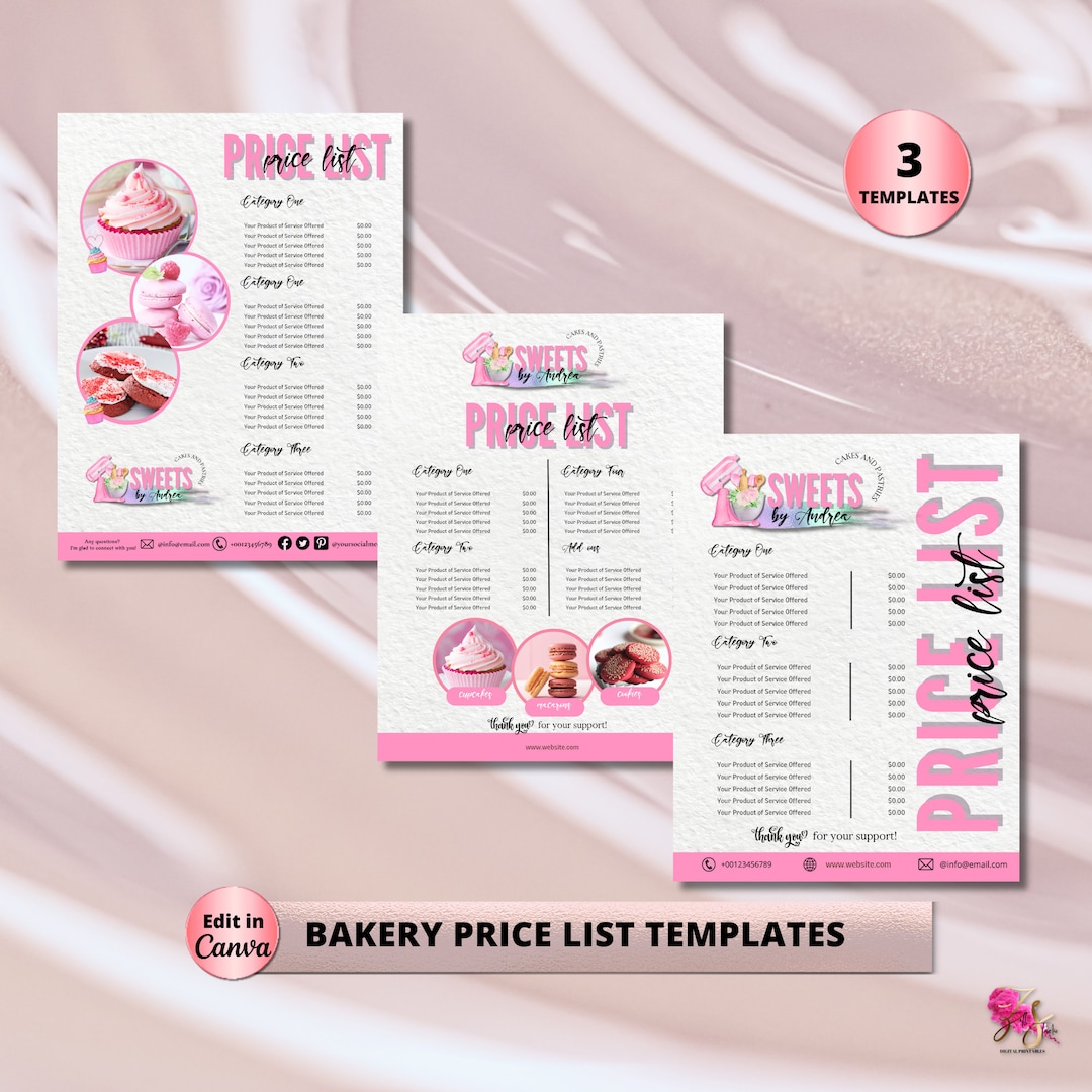 Editable Bakery Editable Price List Template, Pink Cake Printable ...