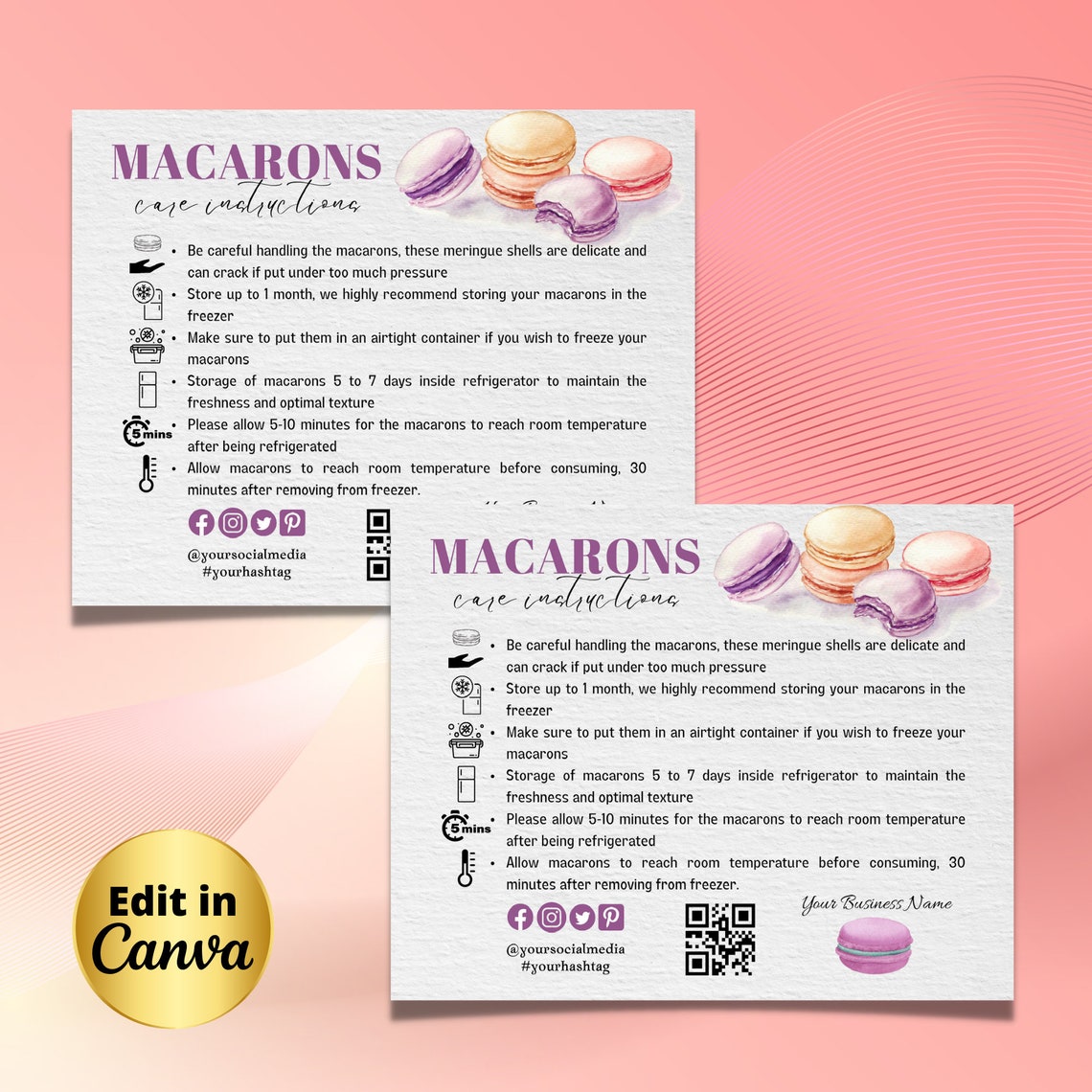 Macarons Care Card Editable Canva Template Wedding Macarons - Etsy