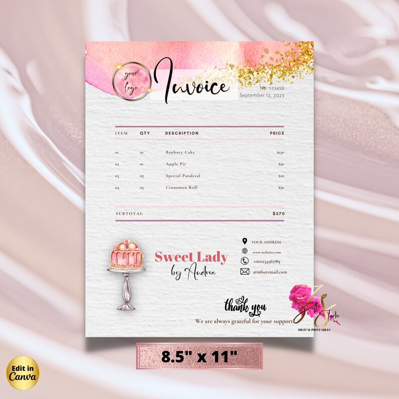 Cake Invoice Template Editable, Custom Order Form Printable for Small ...