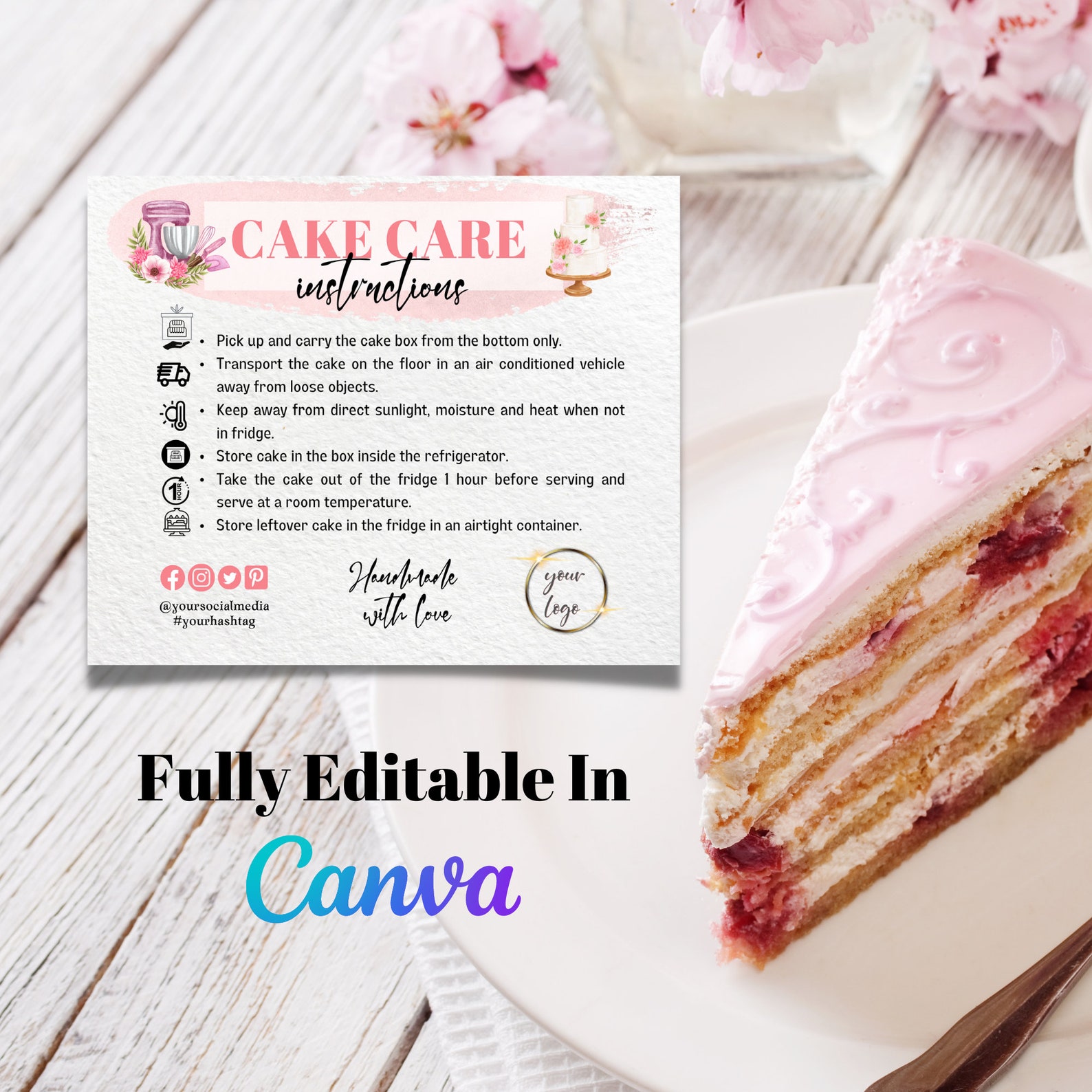 Custom Cake Editable Care Card, Printable Cake Care Template Wedding ...