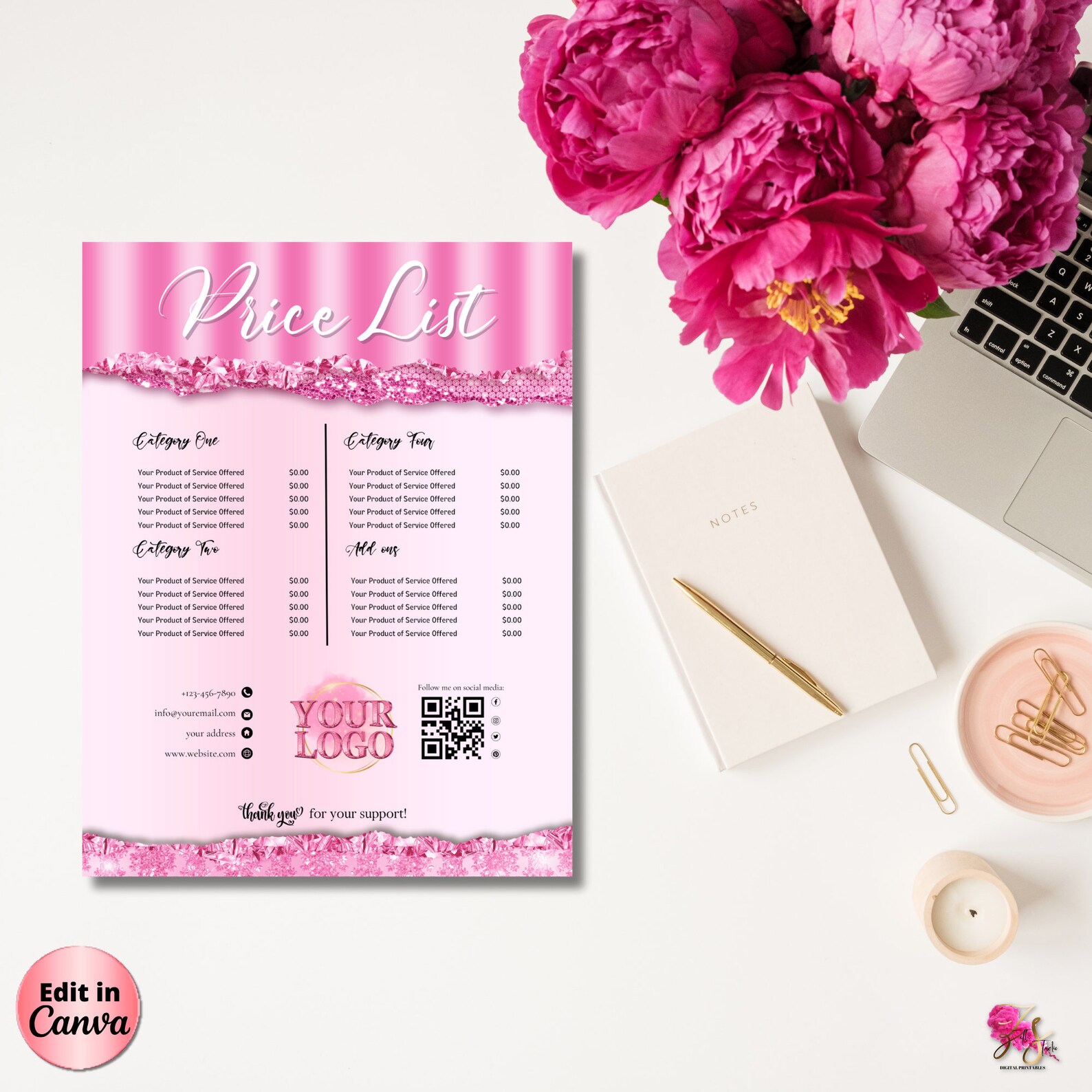 Pink Editable Price List Template, Printable Business Pricing Template ...