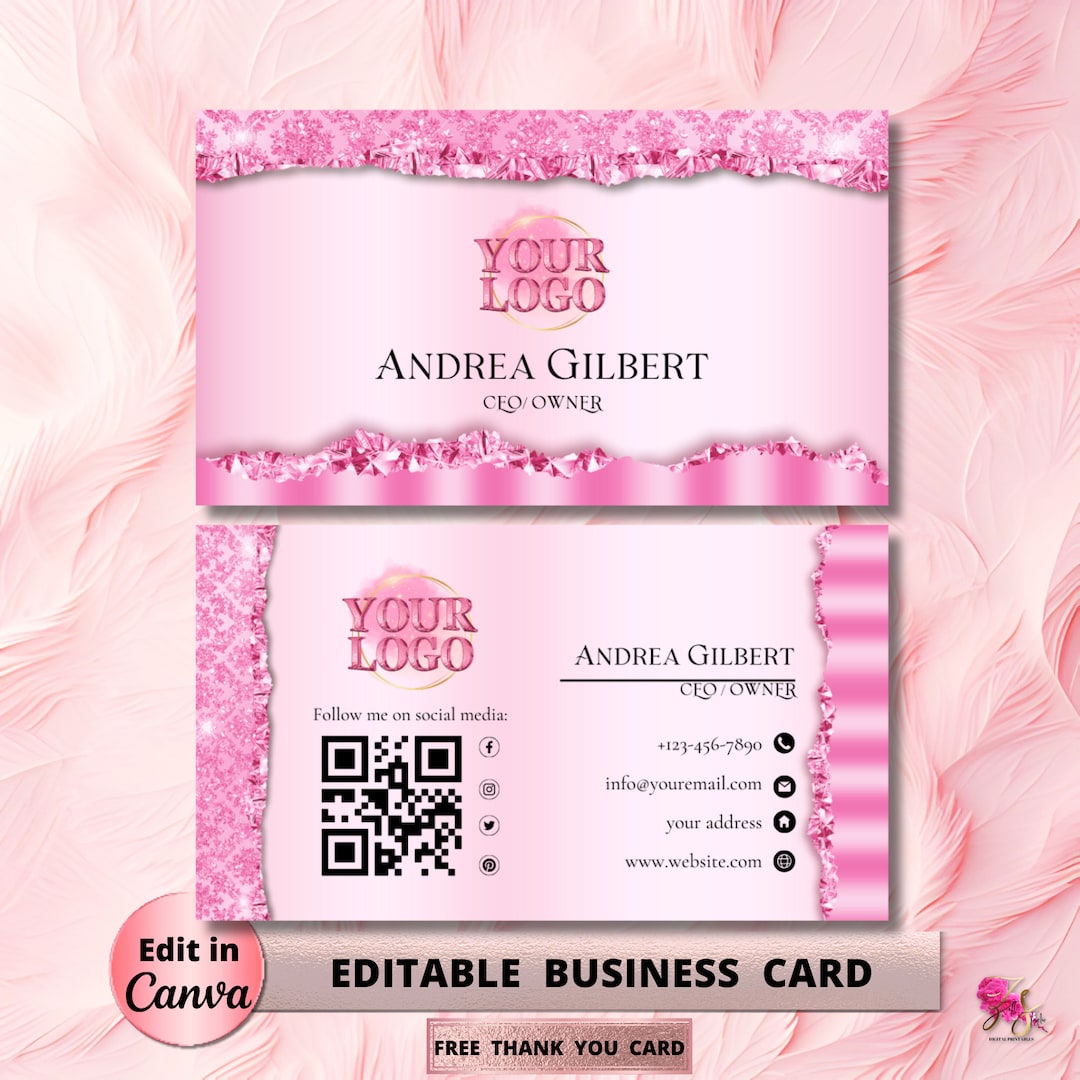 Editable Pink Sparkle Business Card Template, Feminine Business Card ...