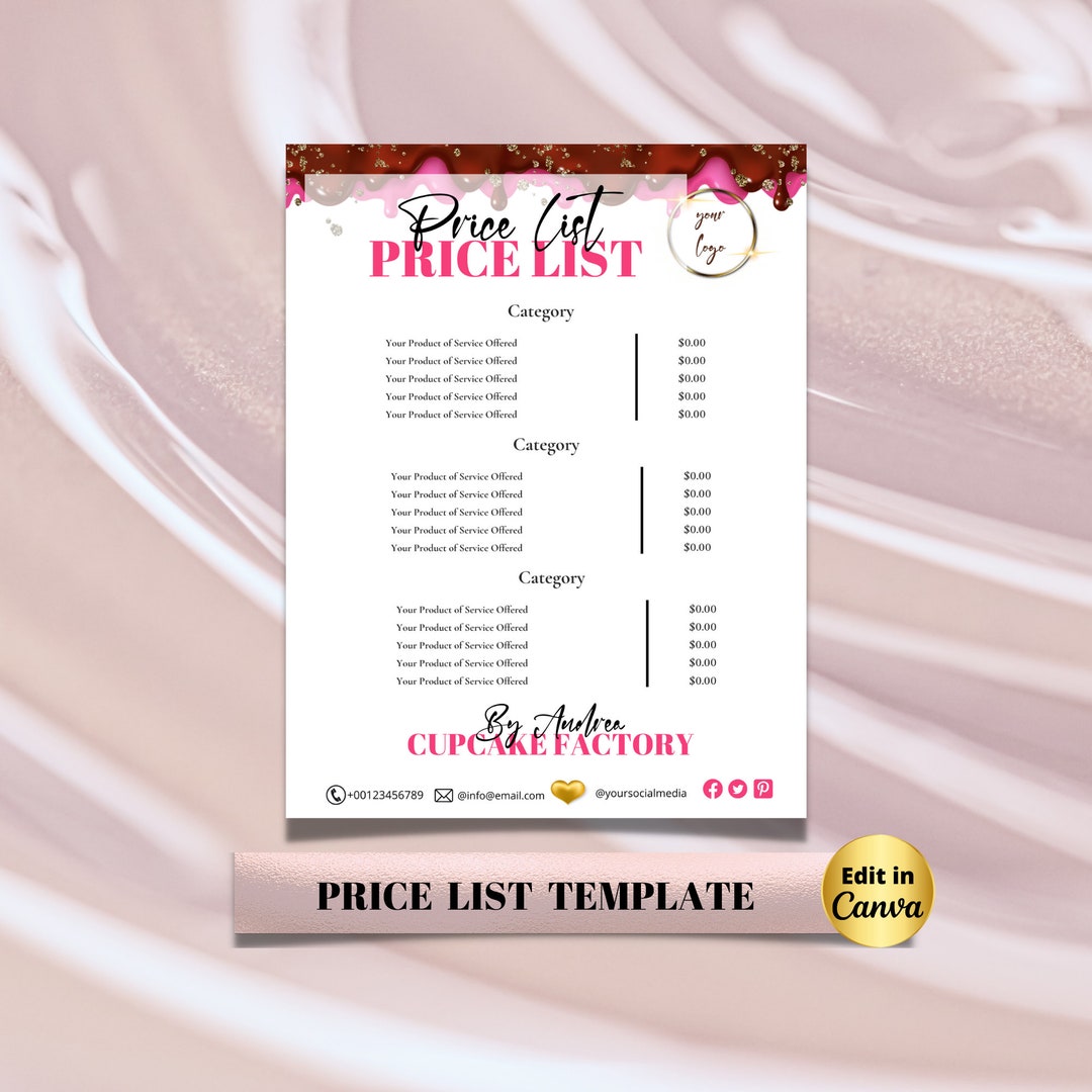 Pink Cake Editable Price List Template, Pink Bakery Cake Printable ...