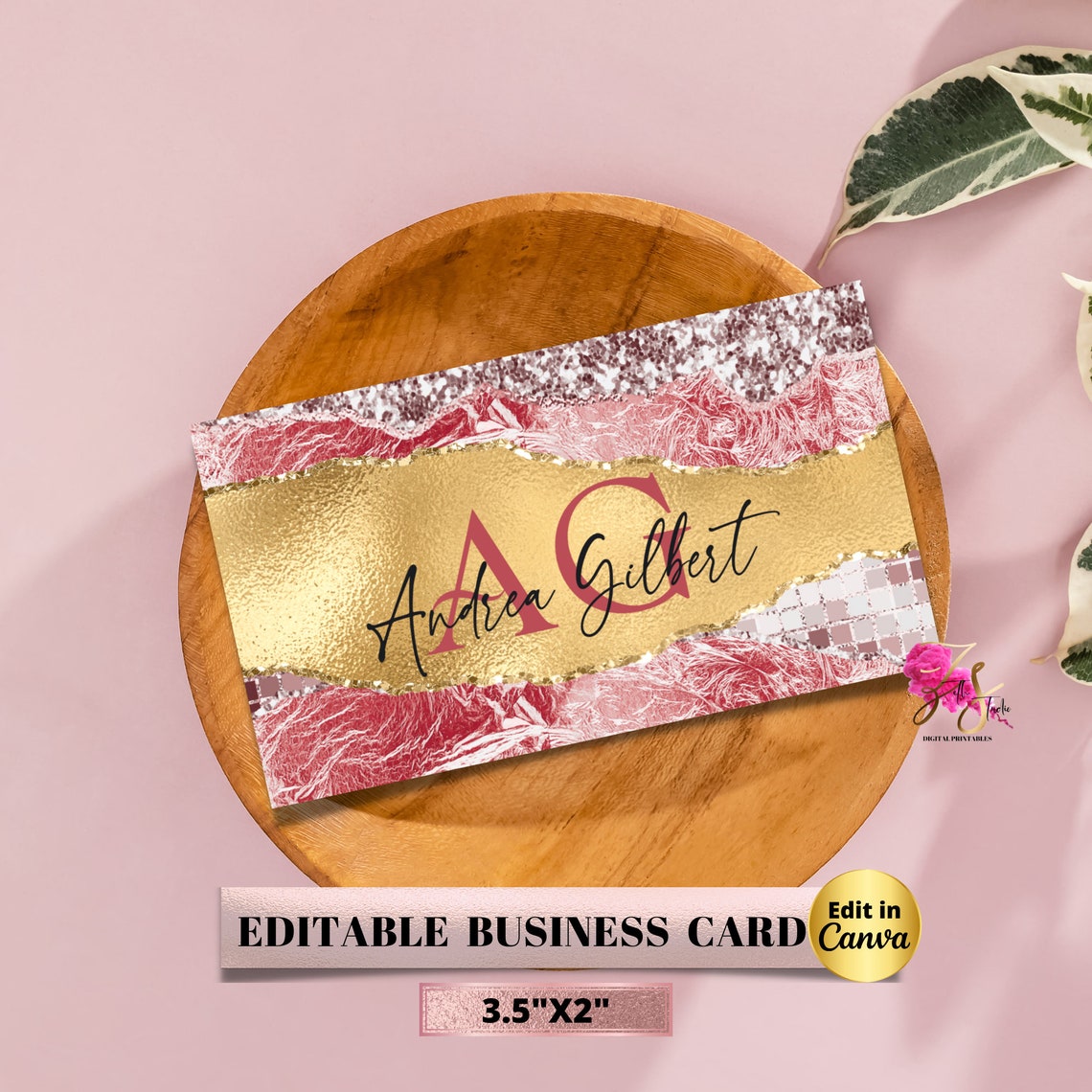 Editable Pink Gold Glitter Business Card Template Sparkle - Etsy