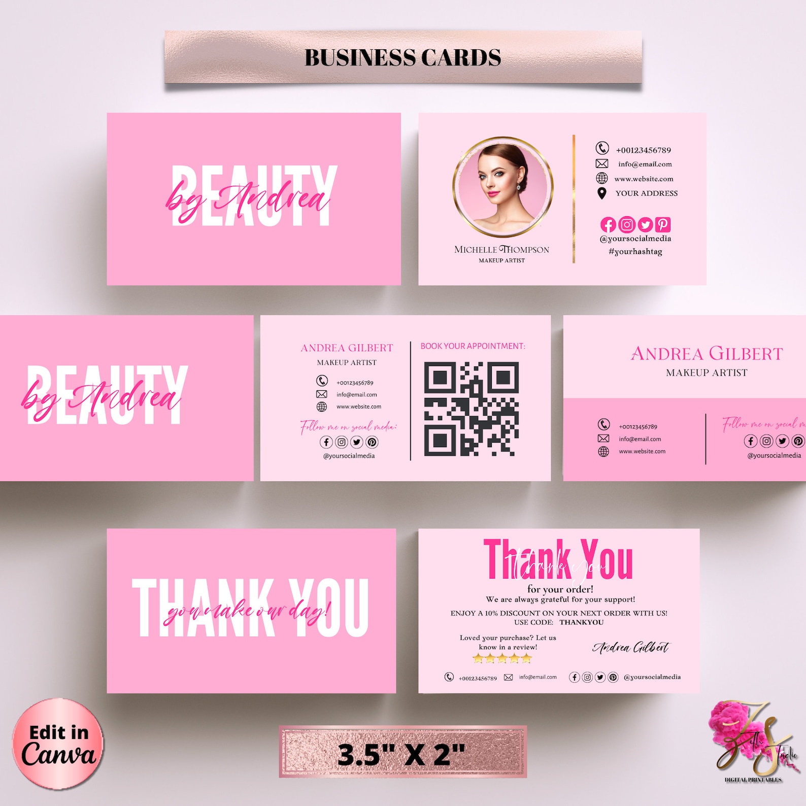 Editable Pink Business Card Template, Pink Business Card, Business Card ...