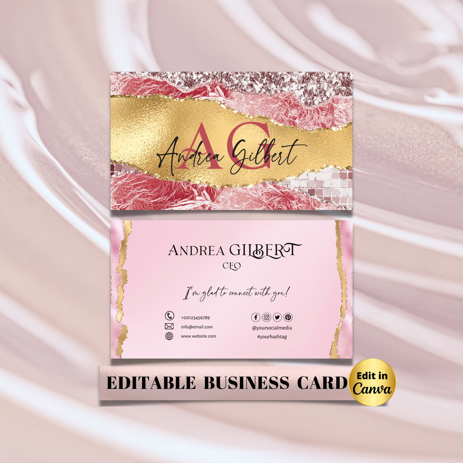 Editable Pink Gold Glitter Business Card Template Sparkle - Etsy