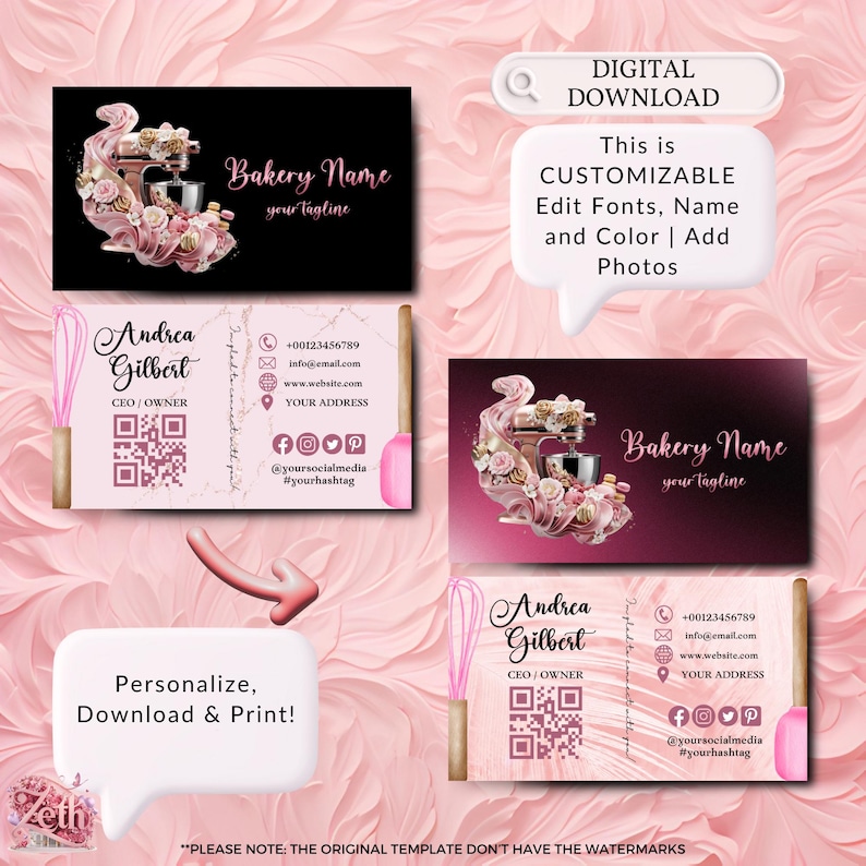 Modern Pink Bakery Business Card, Editable Cake Business Card Template ...