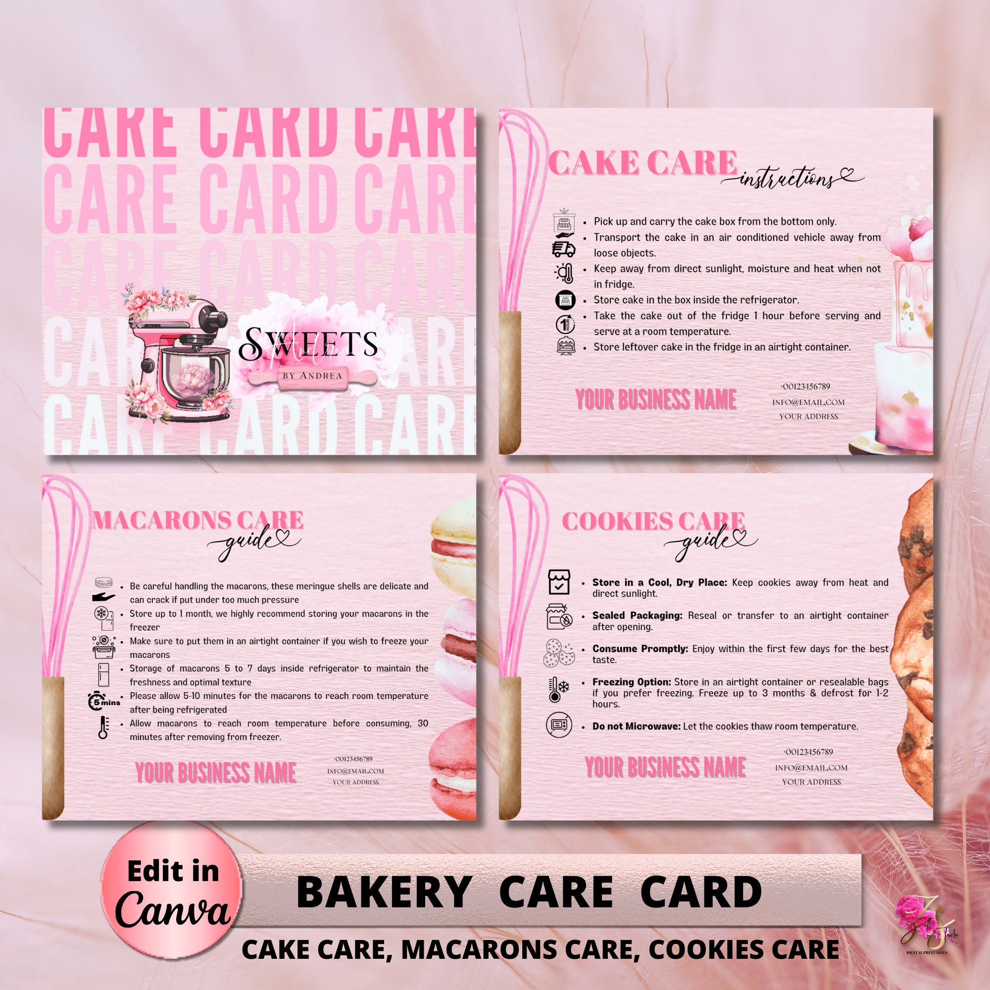 BAKERY Care Card, Editable Canva Template, Wedding Macarons Care Cards ...