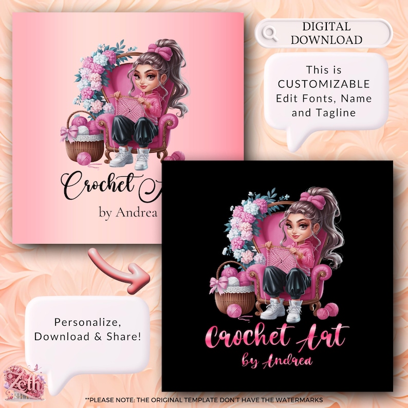 Bright Pink Crochet Logo, Yarn Logo, Stylish Custom Crochet Business ...