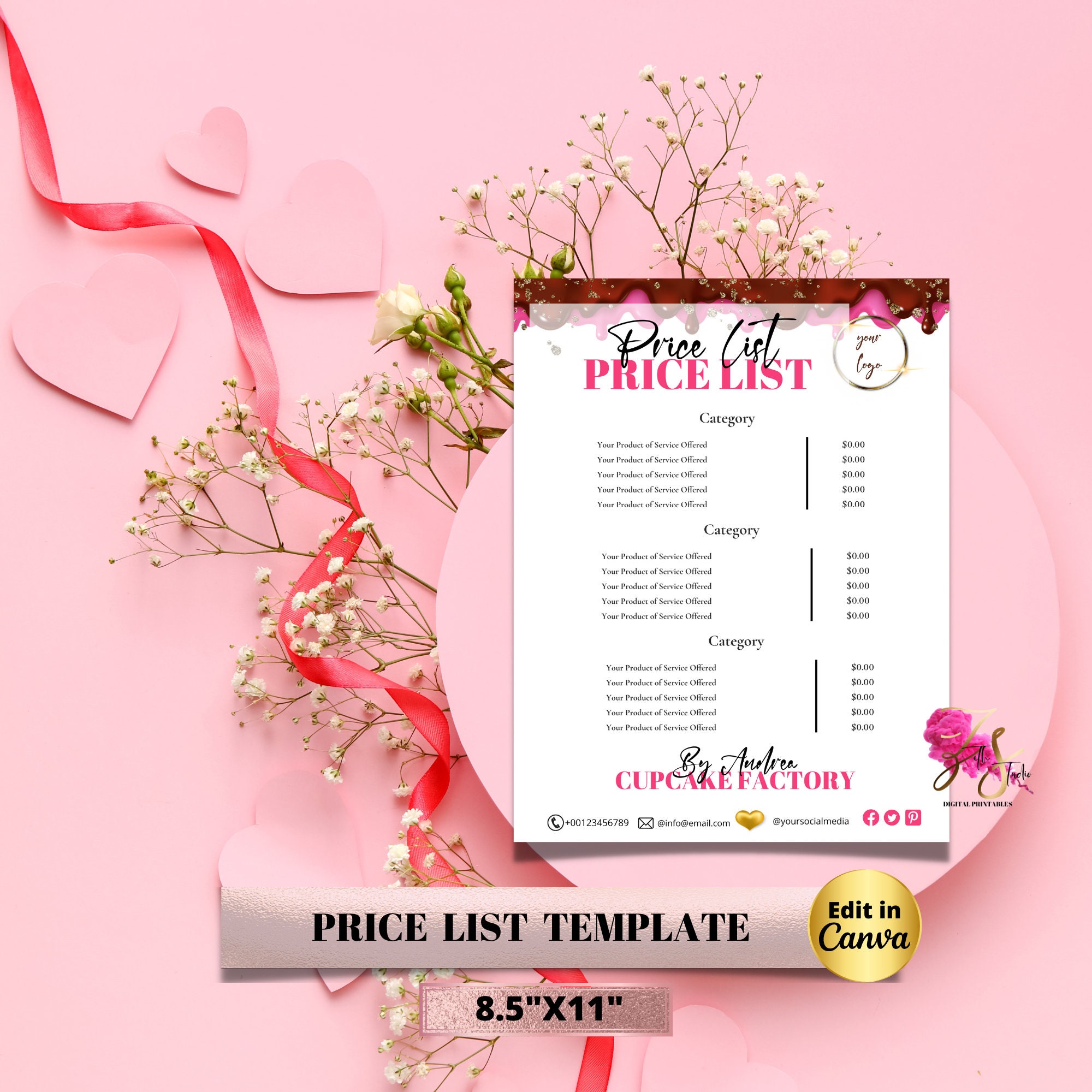 Pink Cake Editable Price List Template, Pink Bakery Cake Printable ...