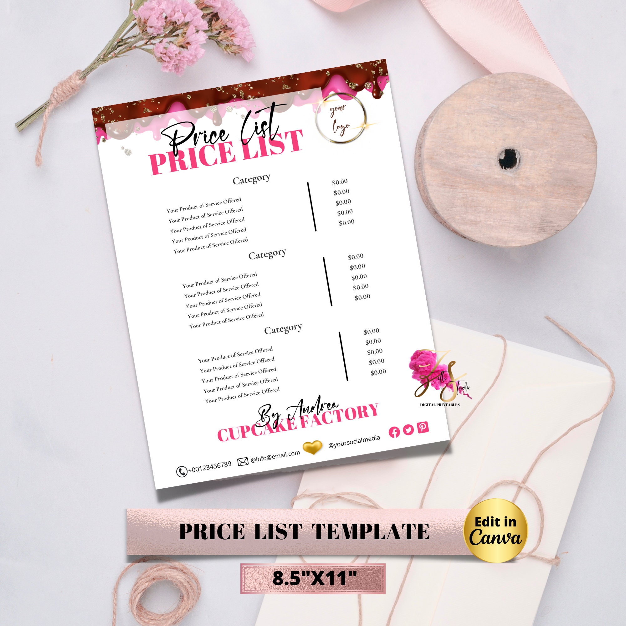 Pink Cake Editable Price List Template, Pink Bakery Cake Printable ...