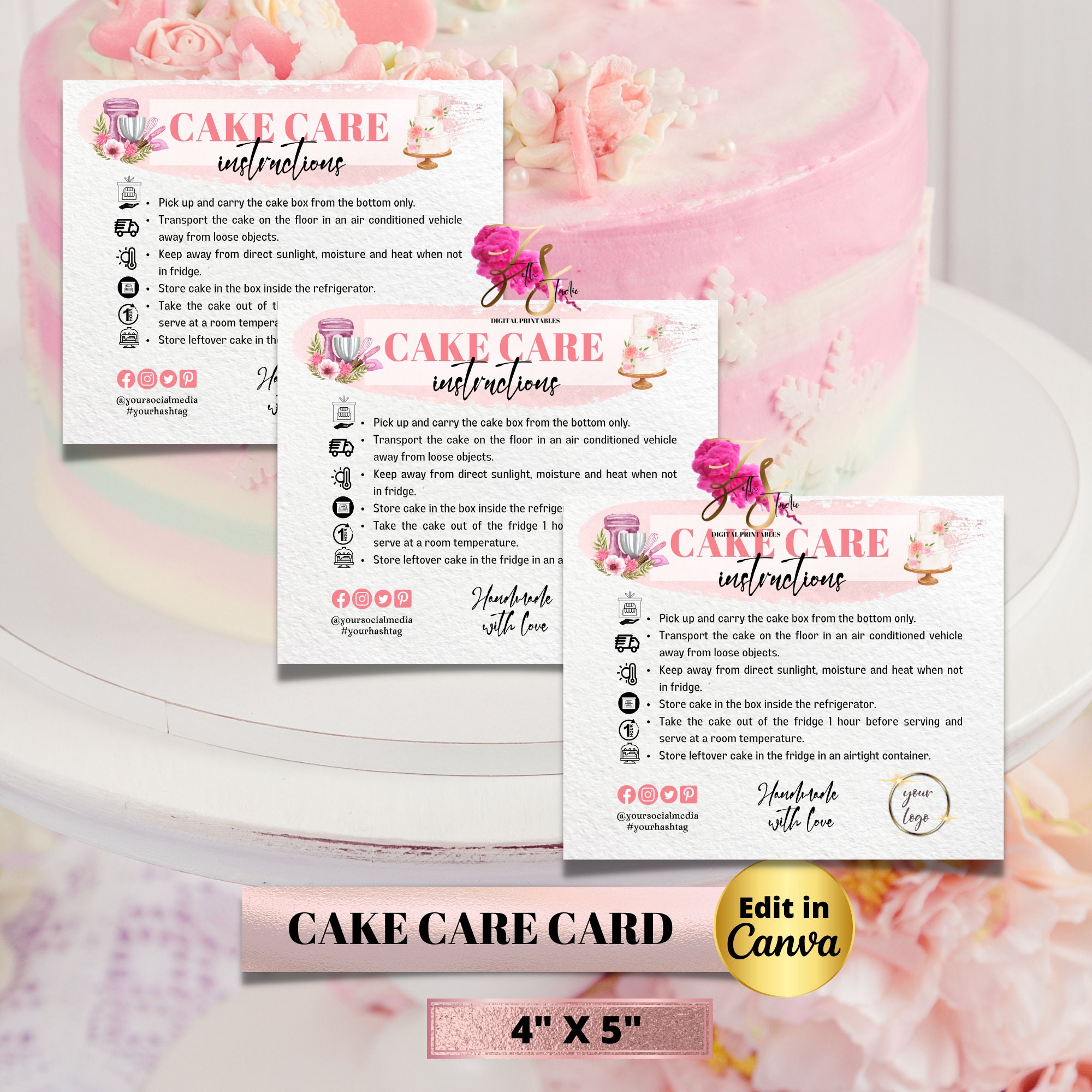 Custom Cake Editable Care Card, Printable Cake Care Template Wedding ...
