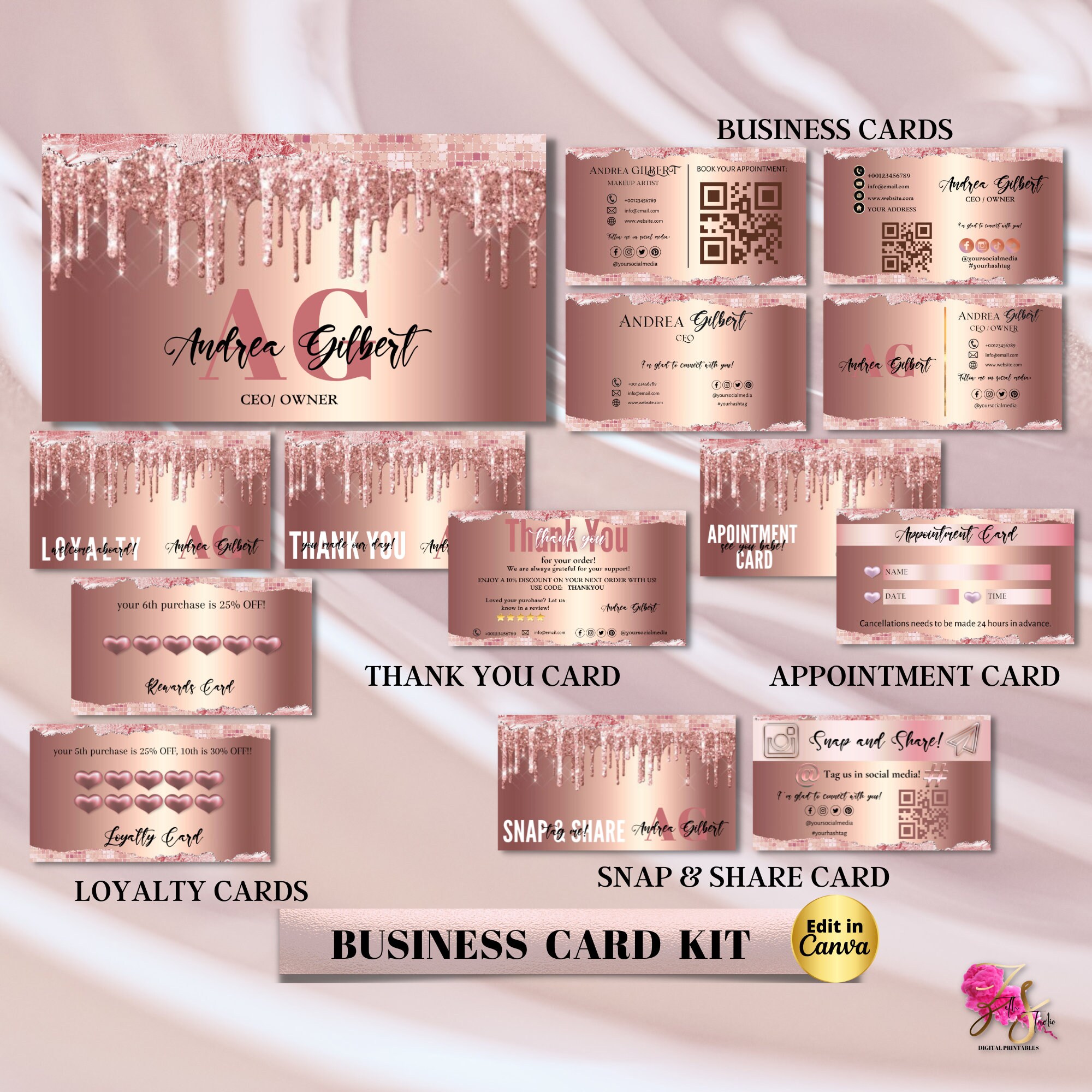 Modern Pink Glitter Business Card Kit Template, Feminine Business Card ...