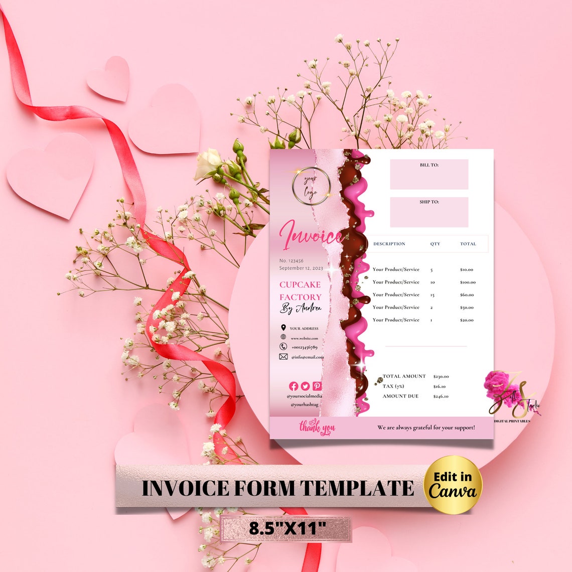Pink EDITABLE Invoice Form Template Printable Invoice Form - Etsy