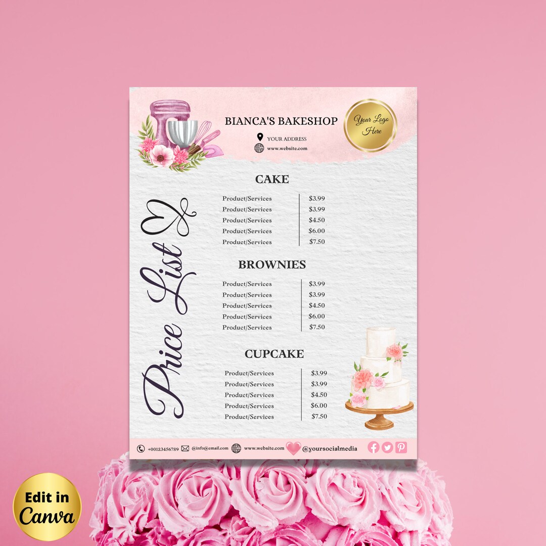 Pink Cake Editable Price List Template, Pink Bakery Cake Printable ...
