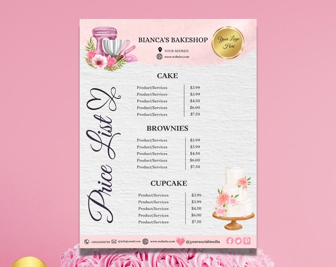 Editable Bakery Price List Template, Pink Bakery Cake Printable ...
