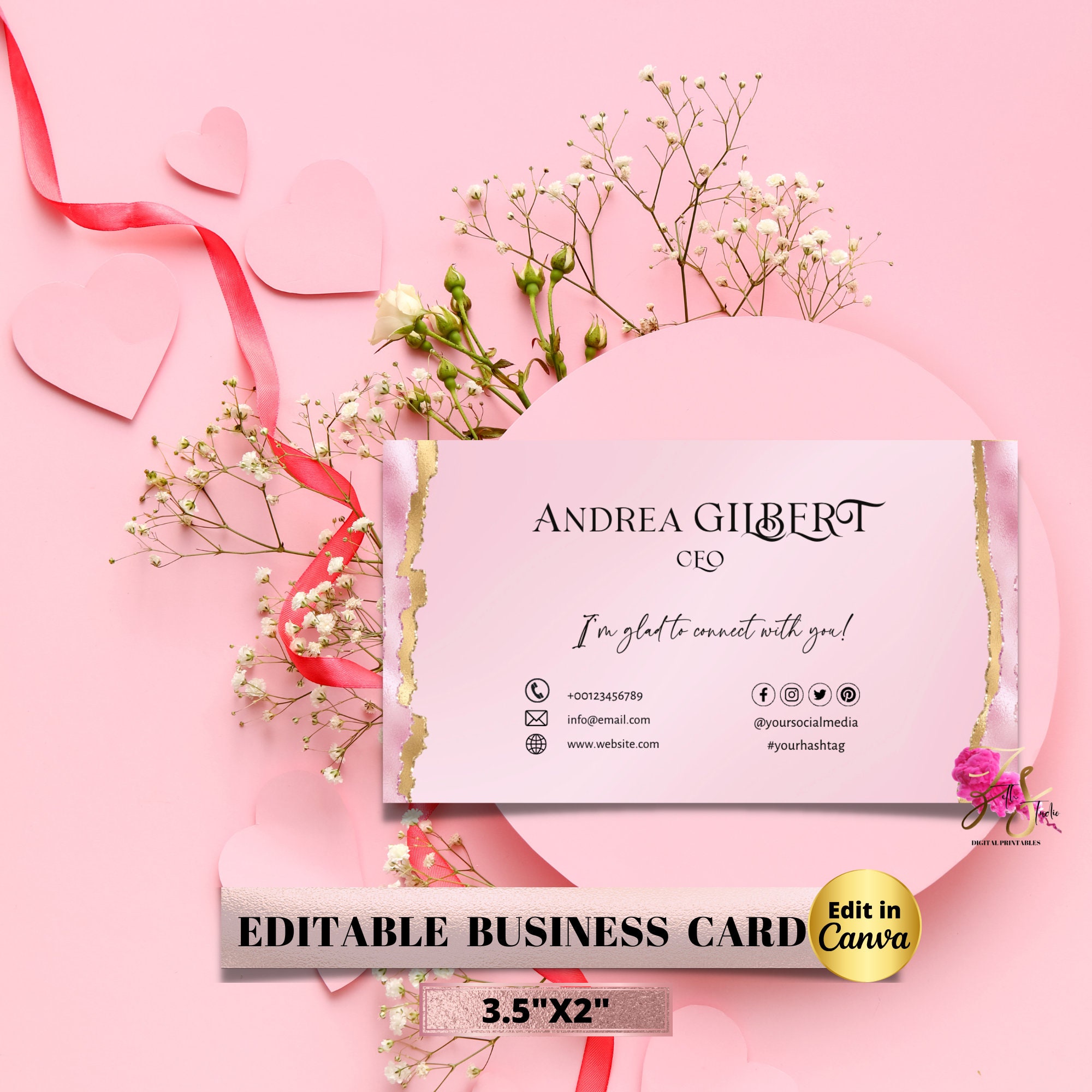 Editable Pink Gold Glitter Business Card Template Sparkle - Etsy