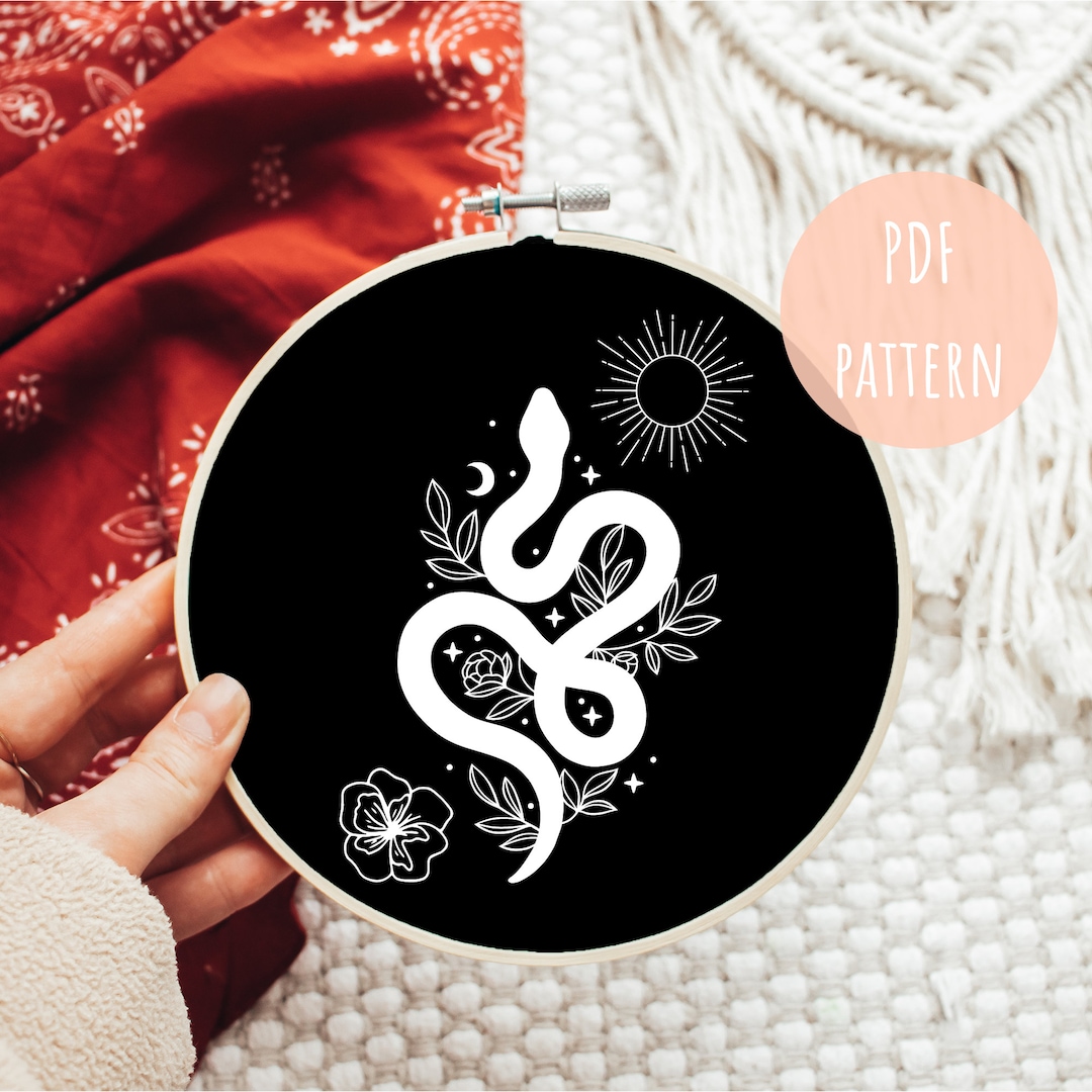 Hand Embroidery Pattern, Celestial Floral Snake, PDF Embroidery, Modern ...