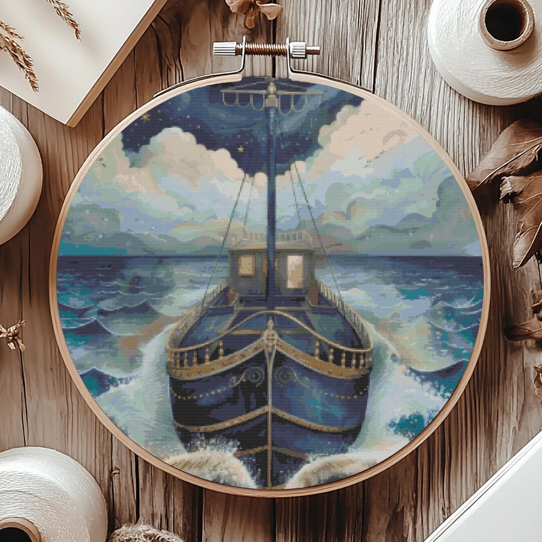 Blue Boat Cross Stitch Pattern, Instant Download PDF, Fantasy Counted ...