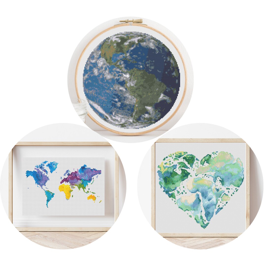 Set of 3 Cross Stitch Pattern, Instant PDF Download, Earth Art, Modern ...