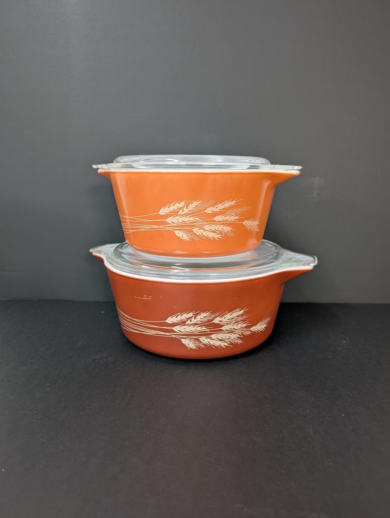 Vintage Pyrex Autumn Harvest Casserole Set 474-B 475-B Wheat Pattern ...