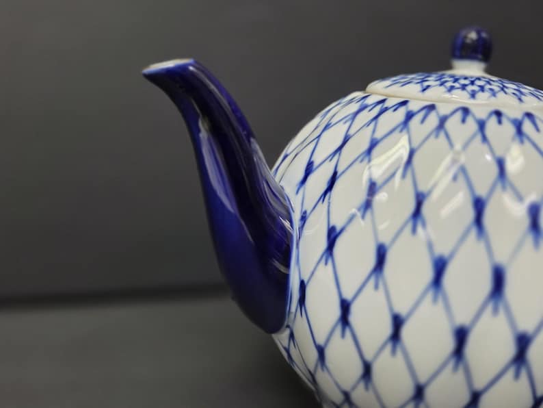 LOMONOSOV Imperial Russian Porcelain Blue Net Teapot Large Cobalt Gold ...