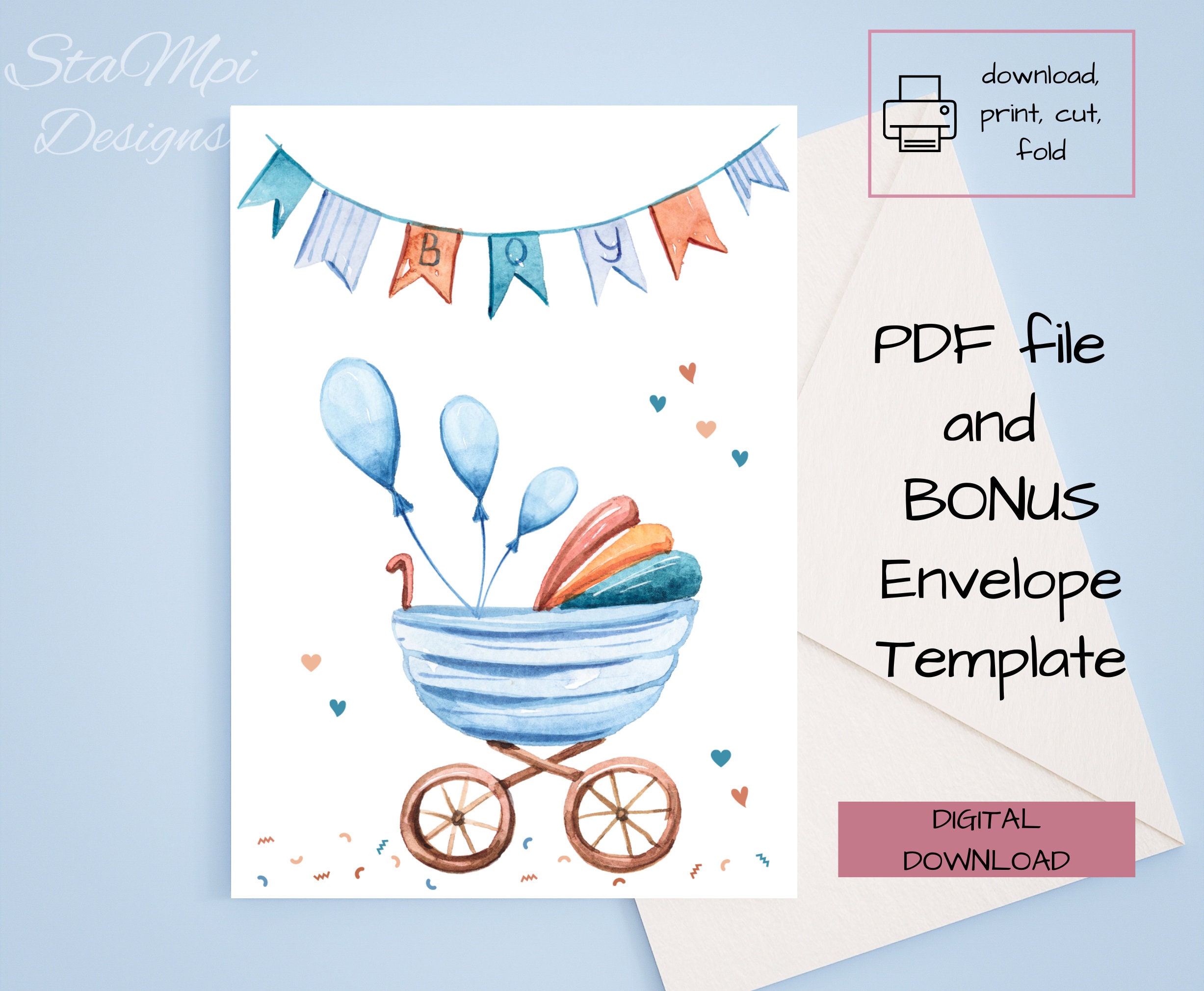 New Baby Boy Card, Printable New Baby Card, Baby Boy Card Digital ...