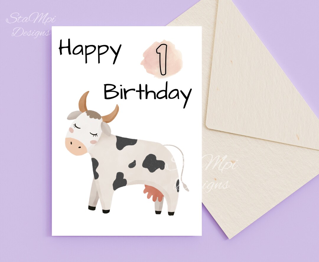 Cow First Birthday Card: Printable Farm Animal Design (PDF) - Etsy