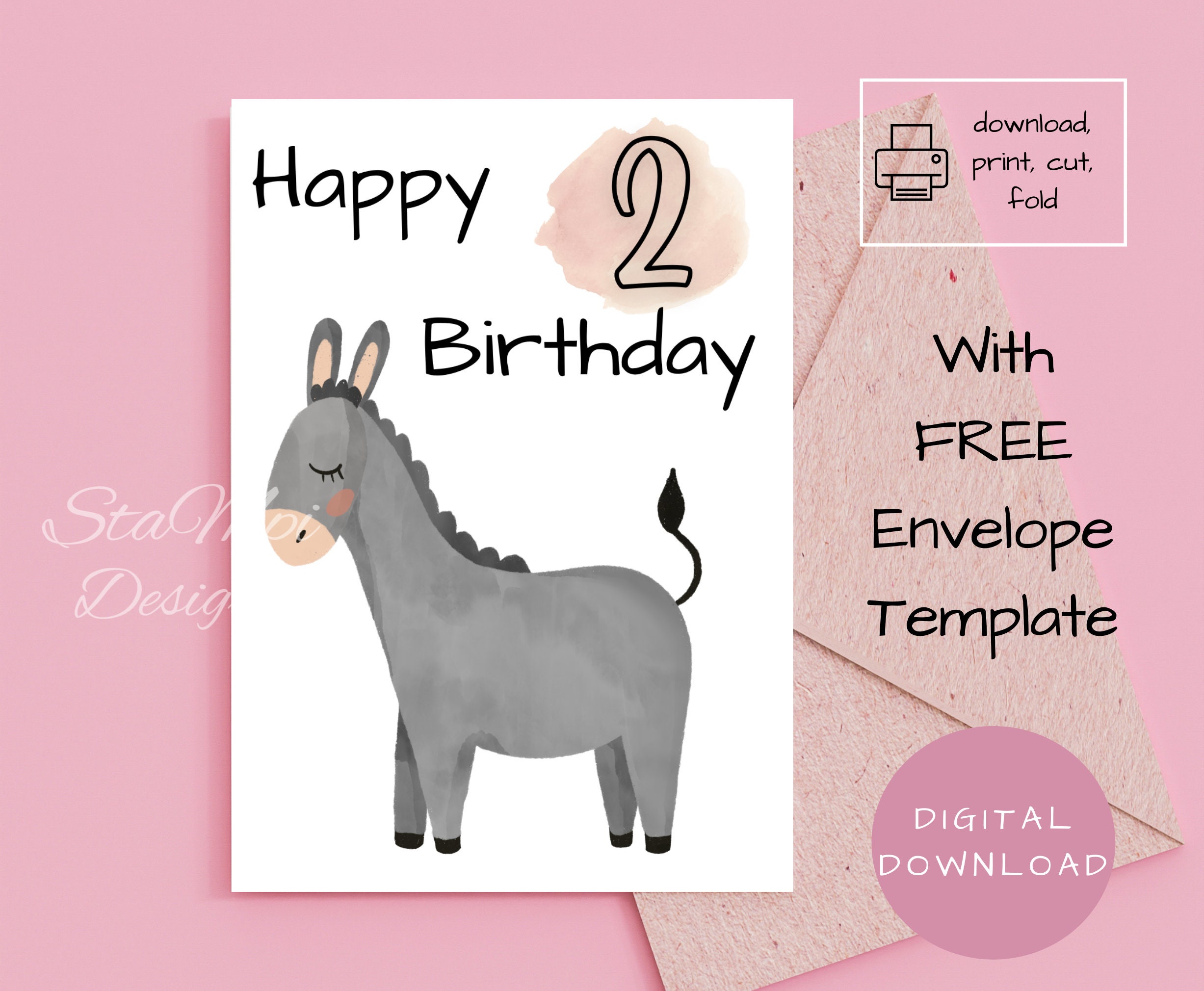 Birthday Card Second Birthday, Printable Birthday Card, for Two Year ...
