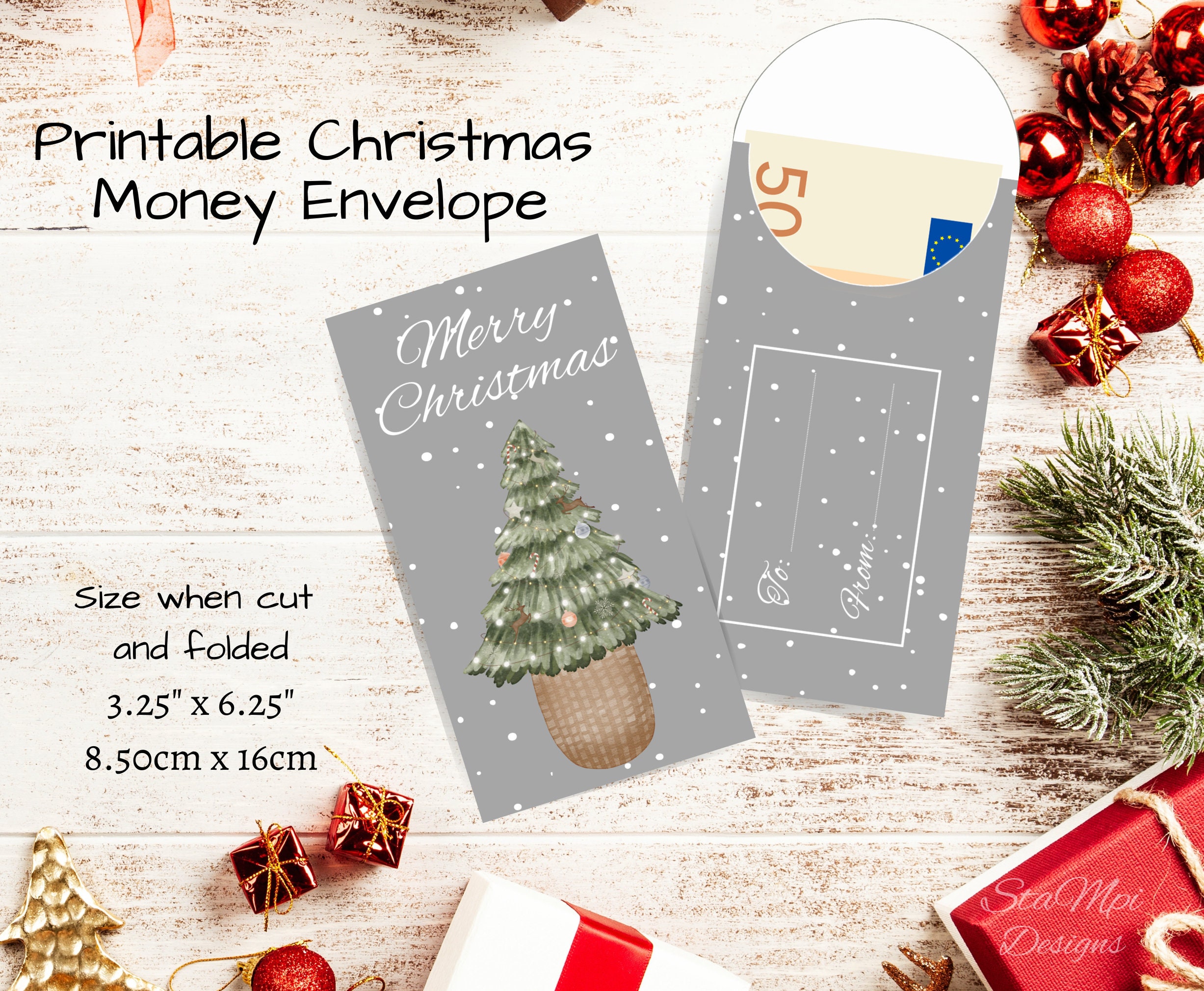 Printable Christmas Money Envelope, Christmas Cash Gift Envelope, Grey ...