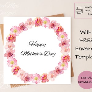 Printable Mother's Day Card With Pink Flowers, Happy Mother's Day Card ...
