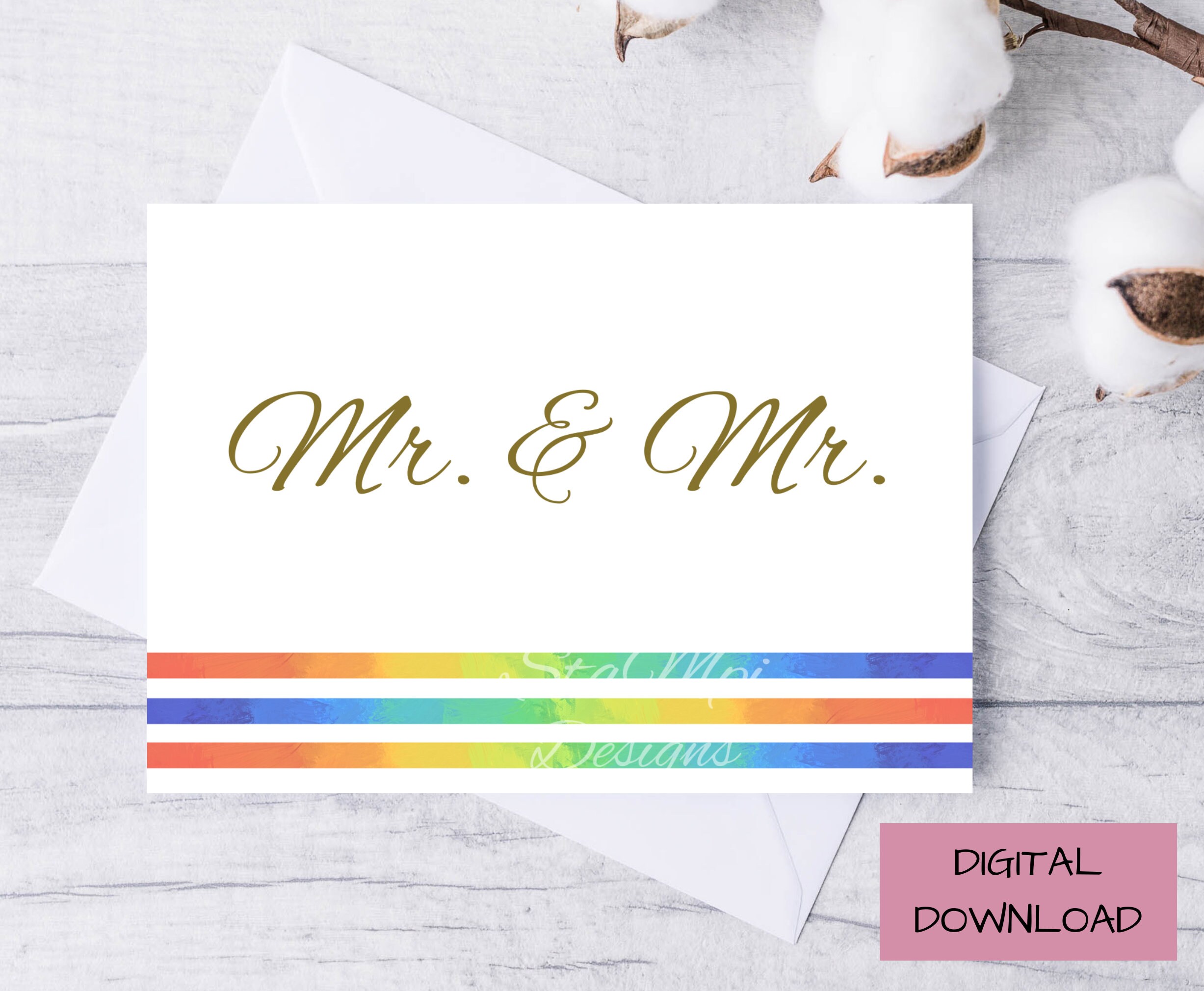 Wedding Card for Gay Wedding, Printable, Rainbow Design, Mr and Mr ...