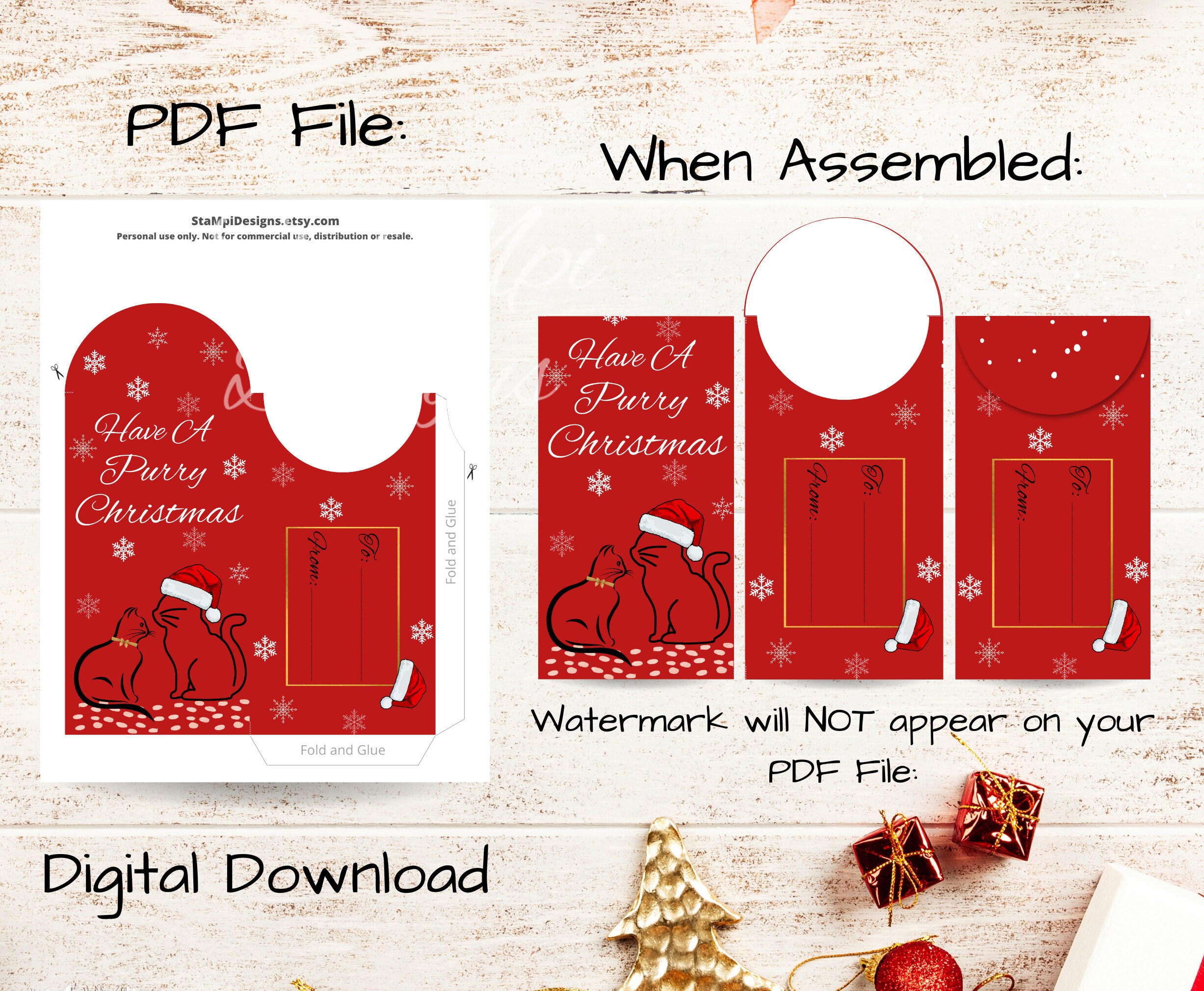 Printable, Red Christmas Money Envelope, for Cash Gift, for Cat Lovers ...