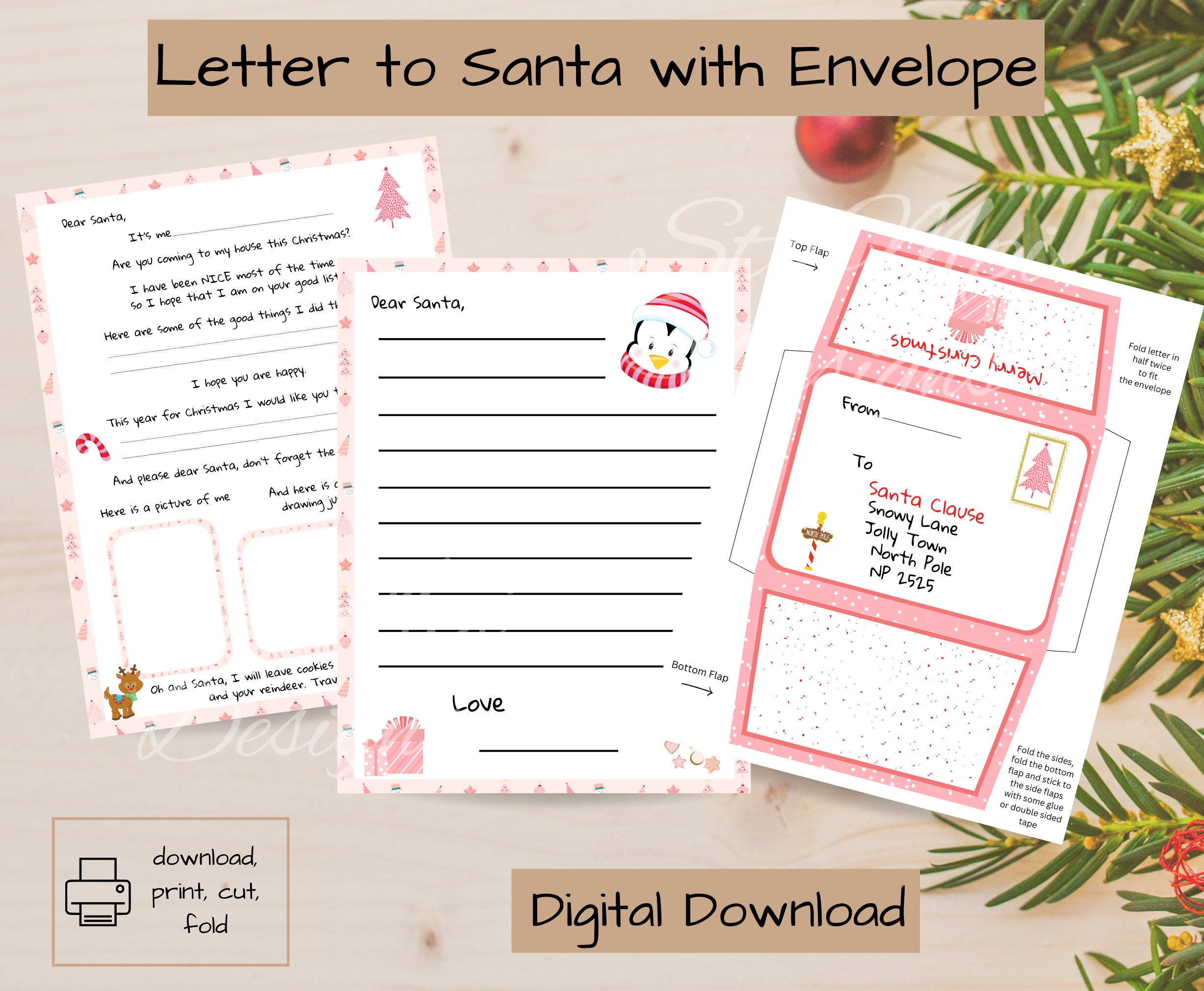 Carta imprimible a Santa, Carta de Querido Santa, Carta navideña rosa a ...