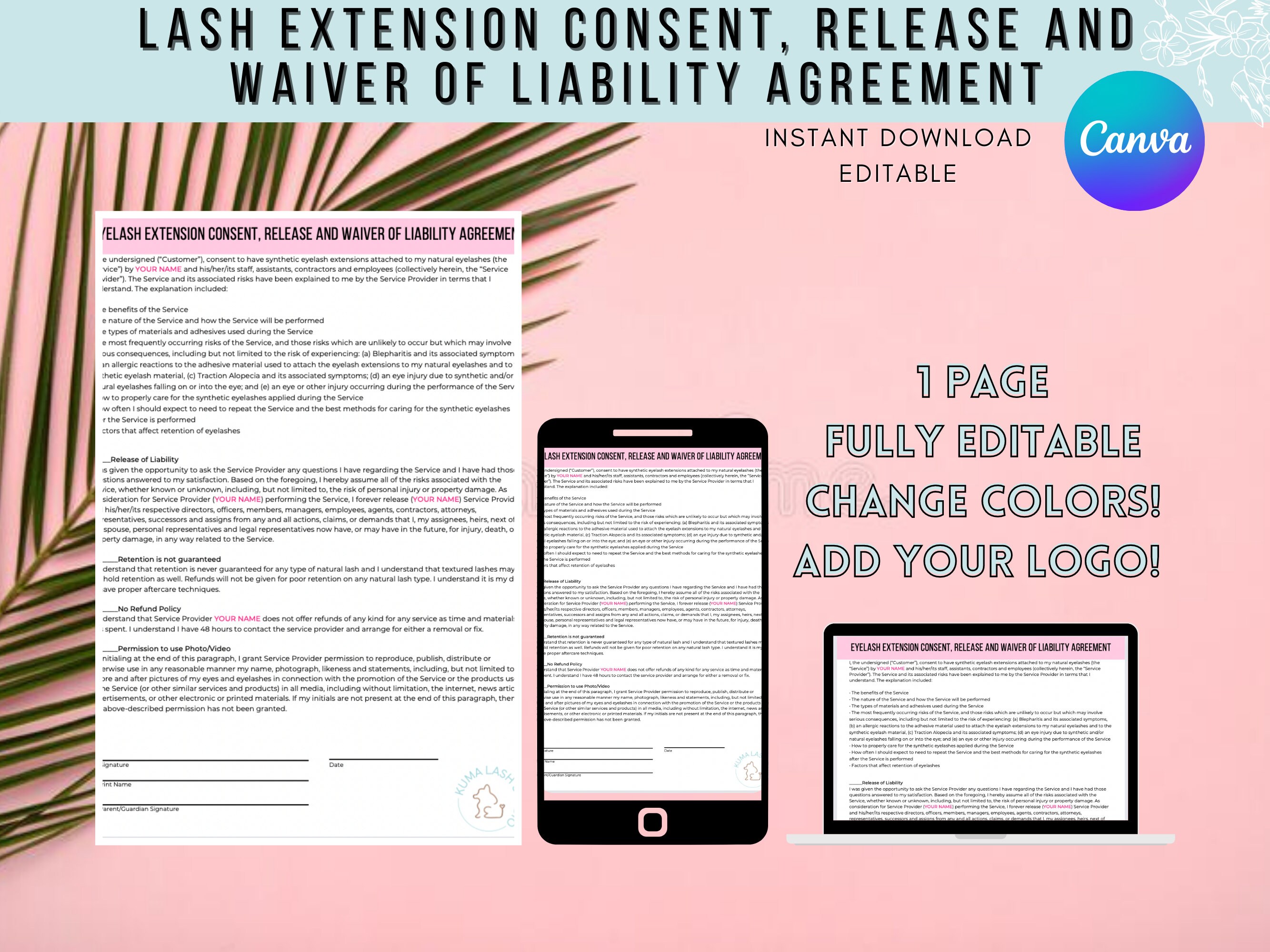 Editable Lash Extension Liability Waiver, Release of Liability Form ...