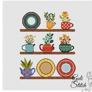 Plant Shelf Cross Stitch Pattern Plates Pattern Plants Embroidery Home ...