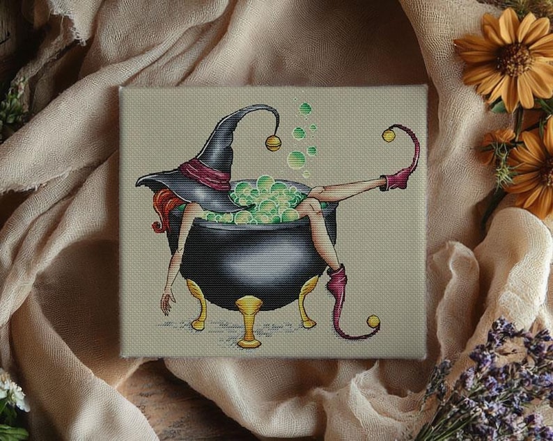 Witch Cauldron Cross Stitch Pattern, Halloween Embroidery (PDF Download ...