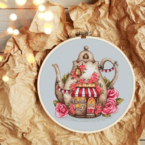 Tea House Cross Stitch Pattern Tea Pot Pattern Tea Shop Embroidery Vintage Tea Cross Stitch Tea ...