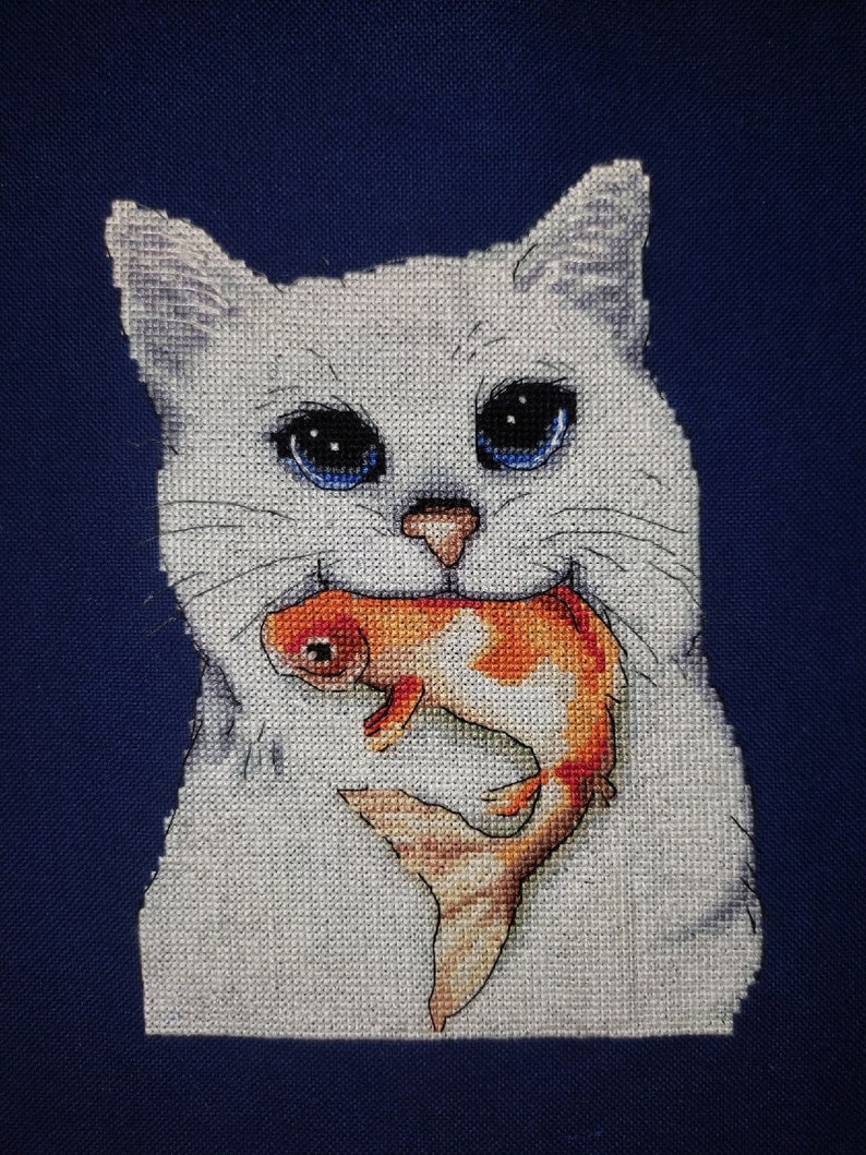 Cat With Fish Cross Stitch Pattern White Cat Pattern Goldfish - Etsy