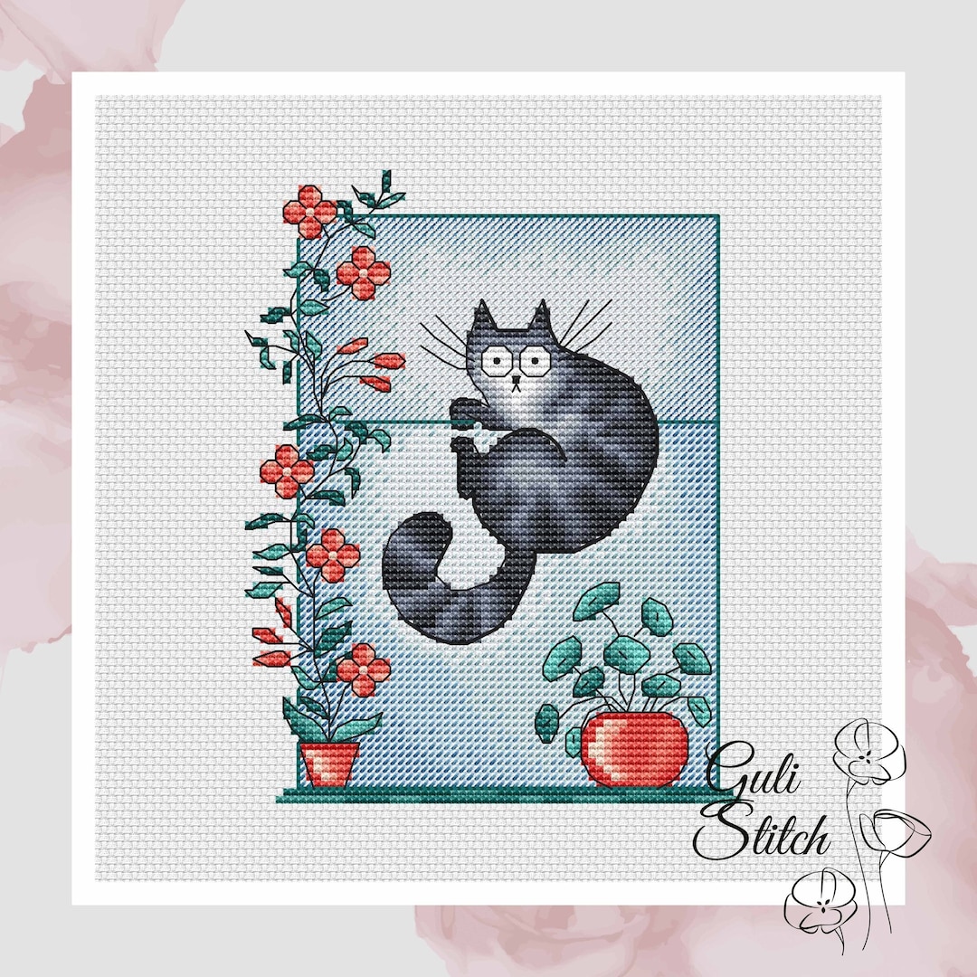 Funny Cat Cross Stitch Pattern Cute Cat Pattern Grey Cat Embroidery ...