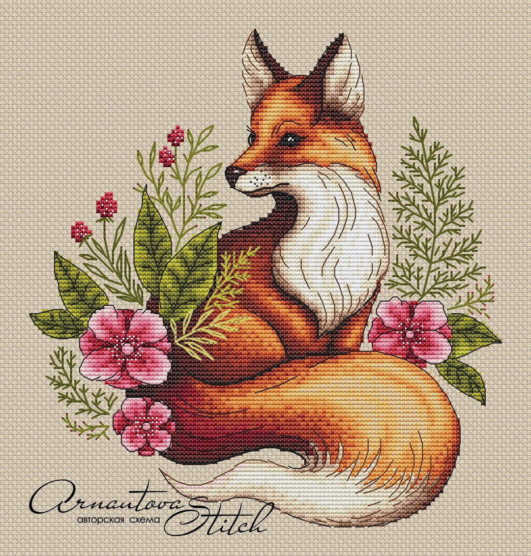 Fox Cross Stitch Pattern Flowers Pattern Floral Embroidery Pink Flowers ...